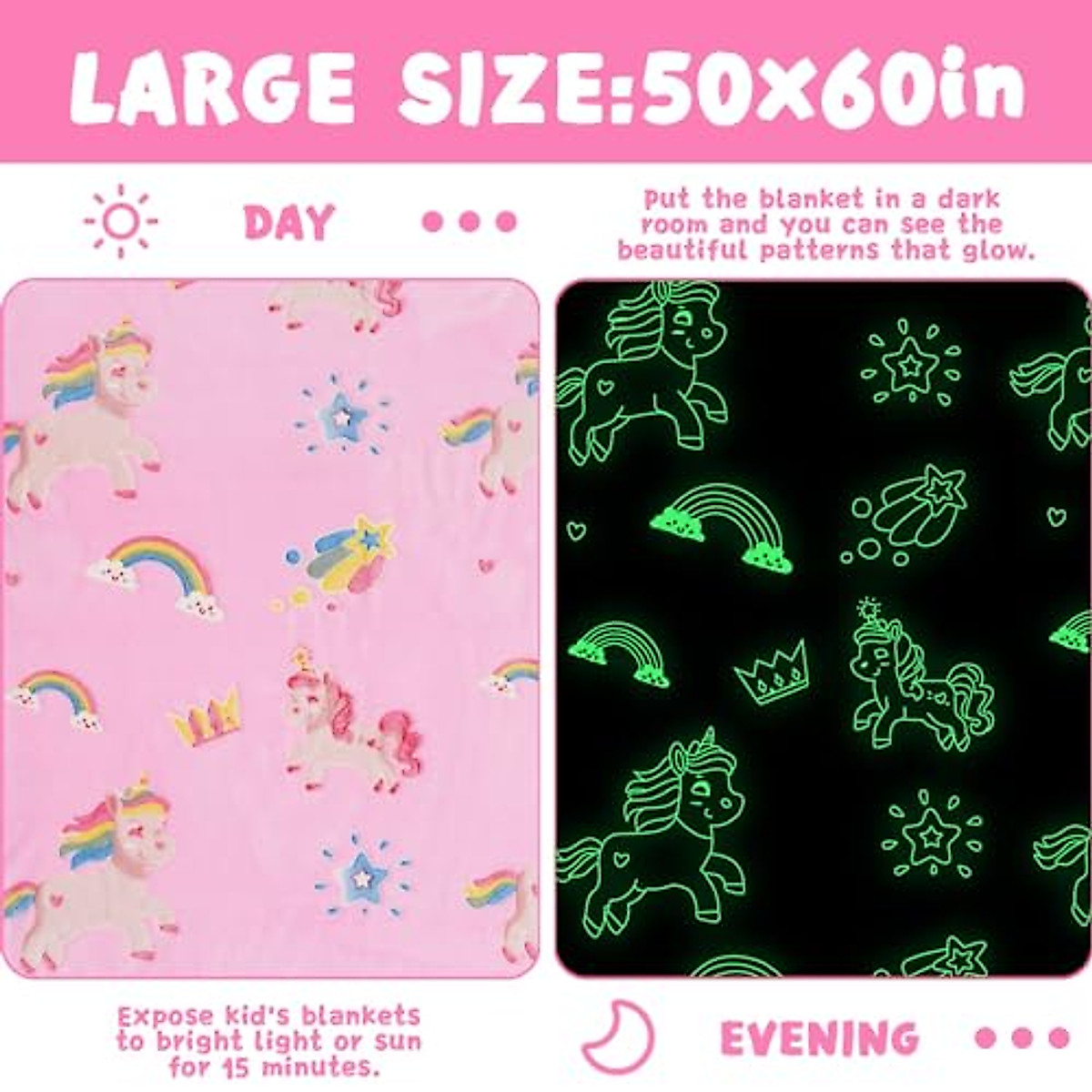 inhand Glow in The Dark Blanket Unicorn Kids Throw Blanket for Couch Unicorn Soft Fleece Blanket Gift for 4-12 Girls Fuzzy Room Decor Birthday Toys, 50"x60", Pink