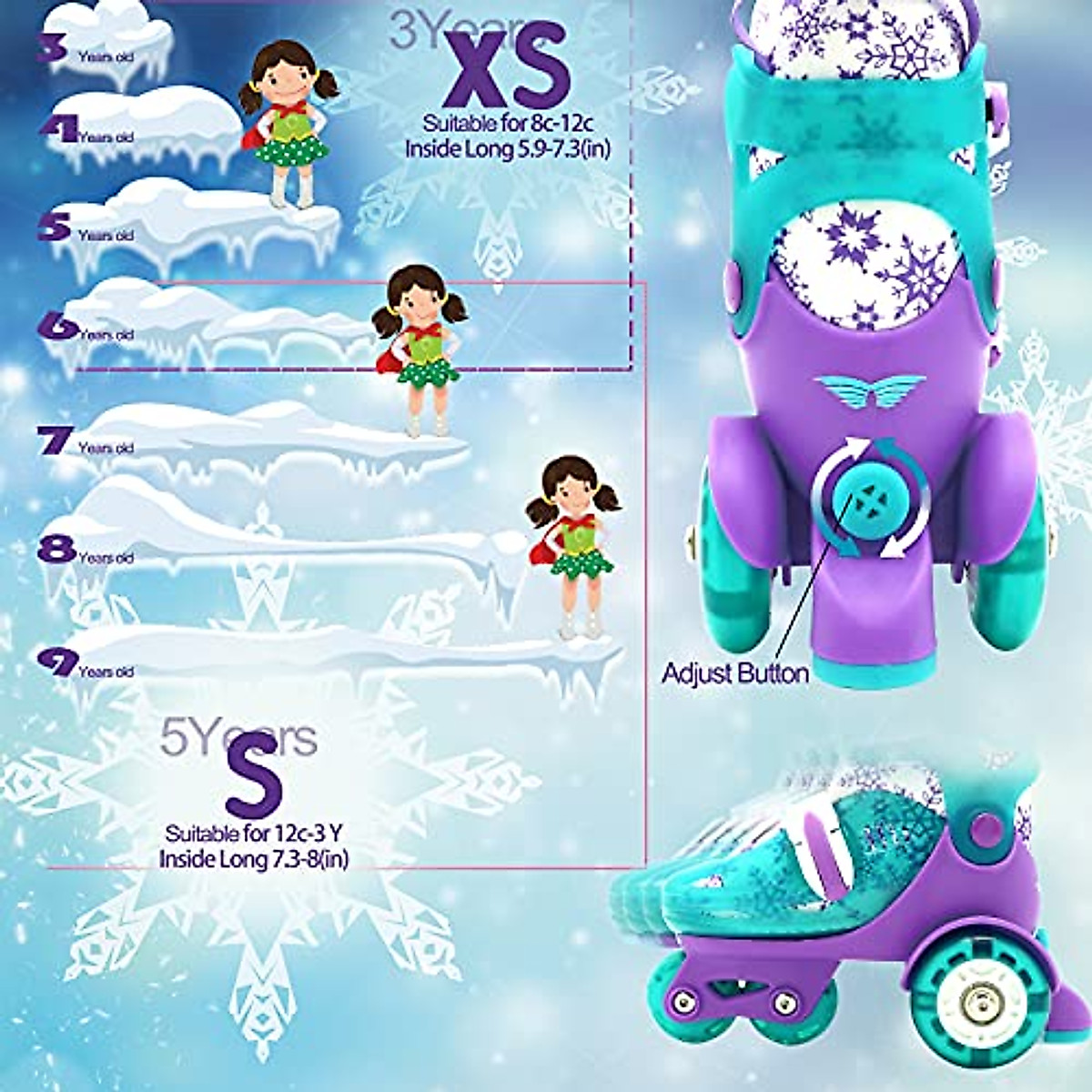 4-Pejiijar Toddler Roller Skates Shoes for Kids, Girls Roller Skates for Toddlers Children Age 3-9 Outdoor Indoor Adjustable 4 Sizes with Light Up Flash LED Wheels