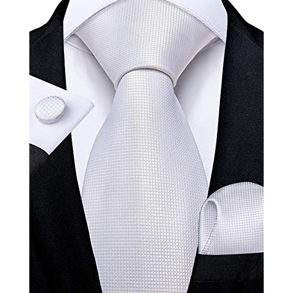 DiBanGu Tie Set for Men Solid Color Necktie, Gold Tie Tack, Gold Tie Ring, Pocket Square, Cufflinks Formal Mens Silk Tie, White