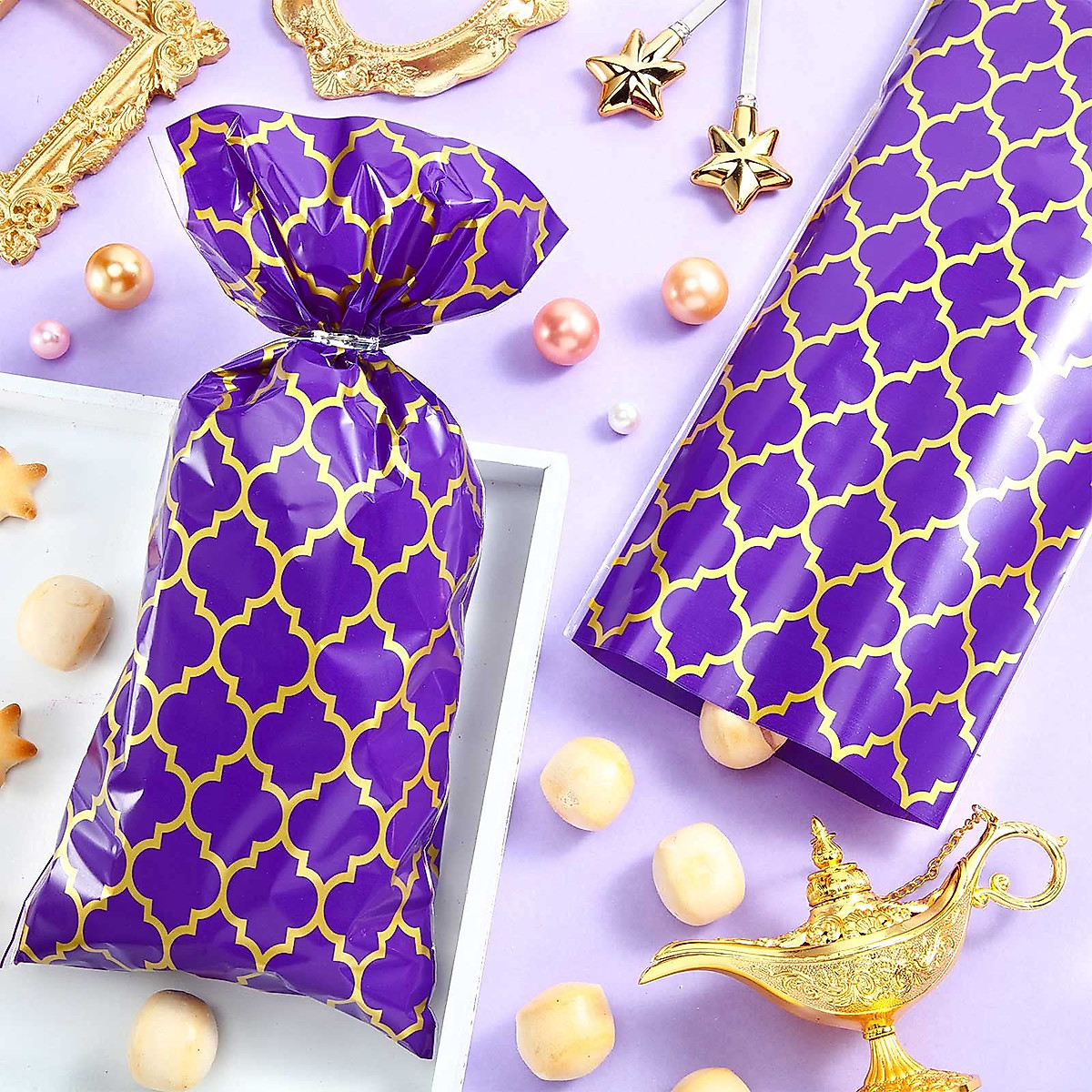 100 Pieces Arabian Nights Cellophane Treat Bags,Eid Mubarak Party Treat Bags,Purple and Gold Goodie Bags with Twist Ties for Arabian Nights Indian Diwali Party Favors