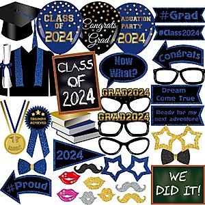 2024 Graduation Decorations Party Supplies Photo Booth Props, Blue Black Gold Graduation Pose Signs for Graduation Party, Upgraded Version with Long Paper Sticks and Long Double-Side Tapes 35Pcs