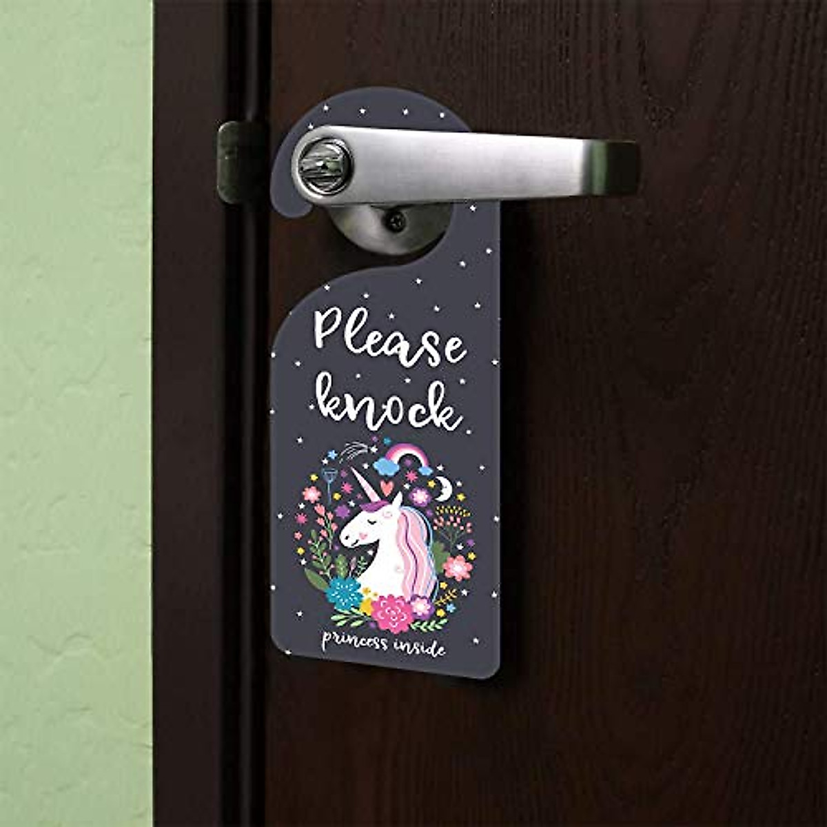 Please Knock Princess Inside Wooden Door Knob Hanger Sign for Kids' Room,Playing Room,Home, Girl's Room 9"*3.54" Unicorn with Flowers and Stars Decoration