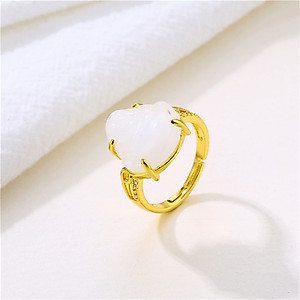 HMOOY Buddha Ring, 18k Gold Plated Lucky Laughing Buddha Ring Adjustable White/Green Jade Buddha Open Ring Lucky Amulet Jewelry for Women Men (White)