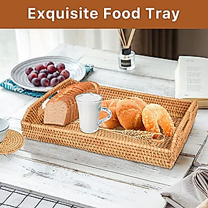 Akamino Rattan Tray with Rattan Coasters - 14.6''x12.2''x2'' Hand-Woven Wicker Basket Tray with Handles for Breakfast, Rectangular Decorative Serving Organizer for Coffee Table, Drinks, Fruit