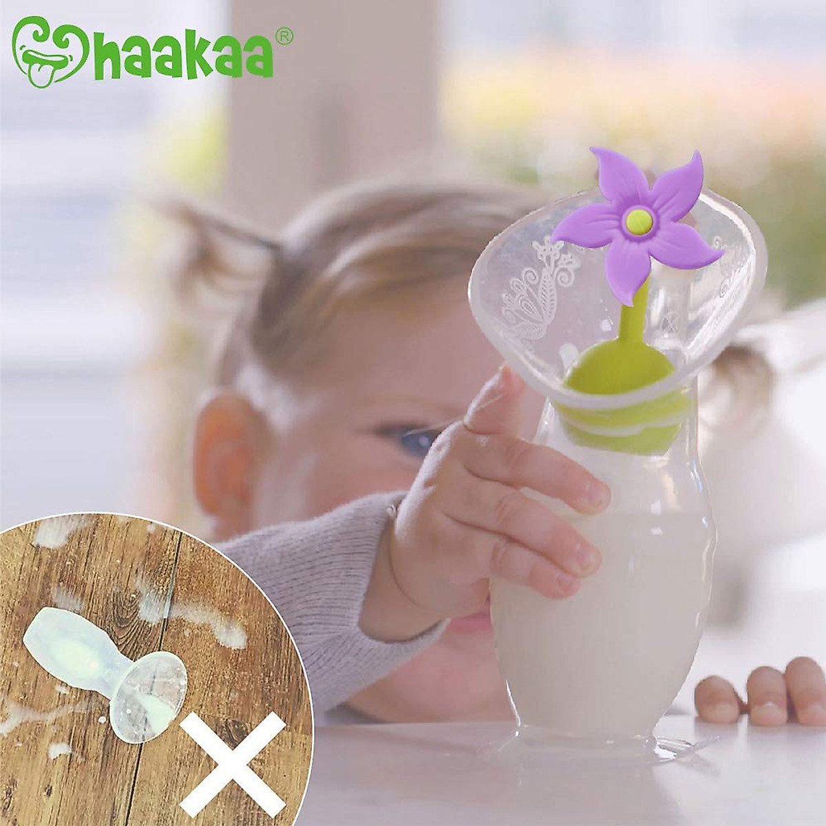 haakaa Manual Breast Pump Silicone Breastpump Milk Pump for Breastfeeding with Suction Base and Flower Stopper 100% Food Grade Silicone BPA Free (4oz/100ml) (Purple)
