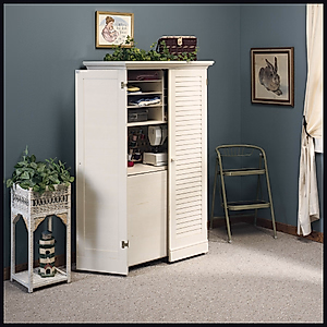 Sauder Harbor View Craft and Sewing Armoire with Table, Antiqued White finish