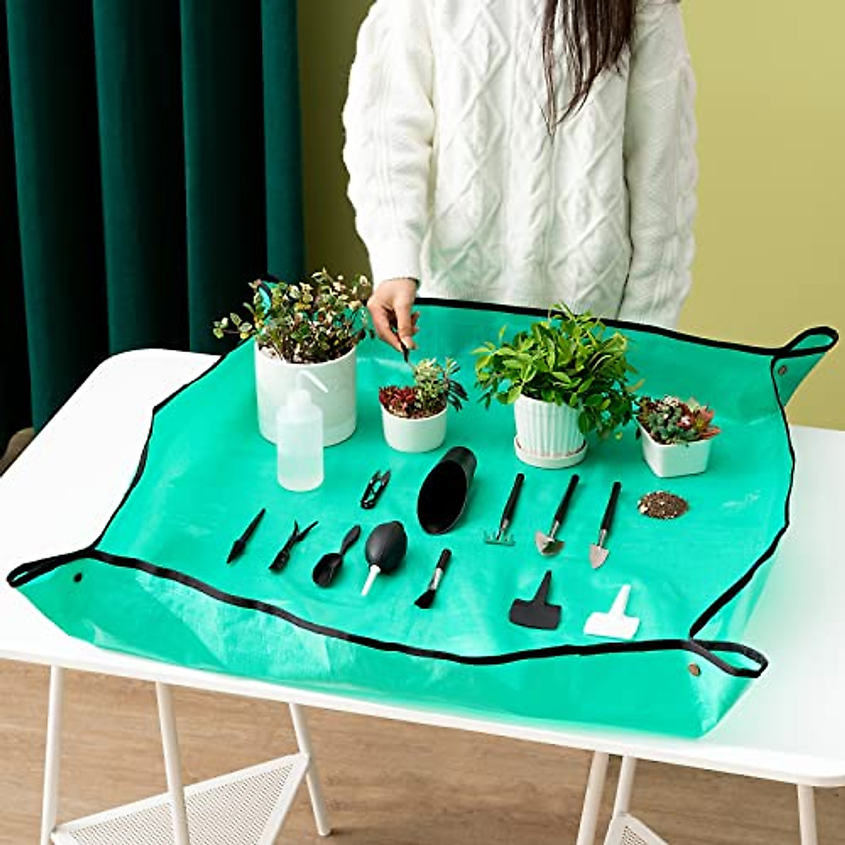Melphoe 23Pcs Mini Garden Hand Transplanting Succulent Tools Set, 39.4" Thickened Repotting Mat & Plant Tag, Miniature Planting Indoor Fairy Care, Potting, Cactus, Houseplant Bonsai Tool Kit (Black)