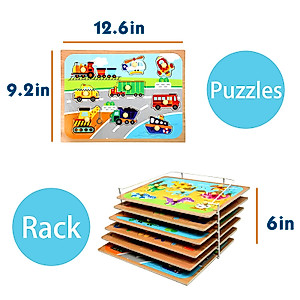 WOOD CITY Toddler Puzzles and Rack Set, Wooden Peg Puzzles Bundle with Storage Holder Rack, Educational Knob Puzzle for Kids Age 2 3 4 Years - Alphabet Number Shape Dinosaur Animal Vehicle
