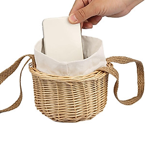 xiaolajiao Wicker Bag, Straw Purse, Rattan Basket, Handwoven Beach Bohemian Shoulder Purse with Soft Cloth Pocket, Round Rattan Bag Picnic Basket for Women, Kids