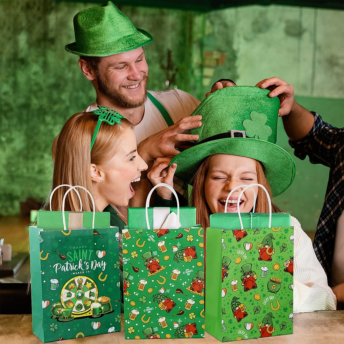 SPERPAND 24 Pcs St. Patrick's Day Gift Bags with 24 Tissues, Paper Goodie Favor Bags with Handles, Green Clover Shamrock Bags Patrick Day Party Accessories (3 styles)