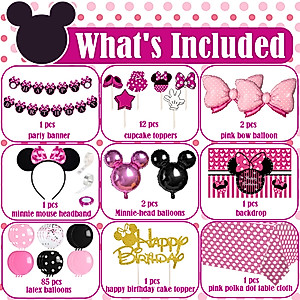 Pink Mouse Birthday Decorations Party Supplies for 1st 2nd 3rd Year Girl Baby Shower Pack (109 Pcs including Backdrop, Tablecloth, Banner, Headband, Foil Balloons, Balloons Garland Arch Kit)