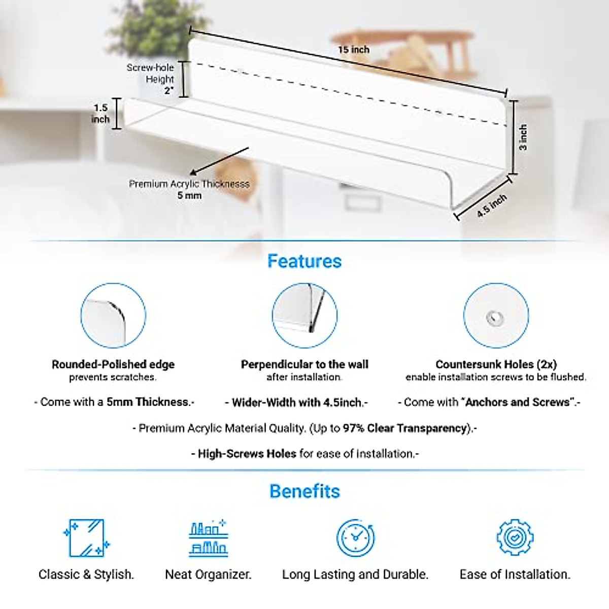 Acrylic Floating Shelves - Premium Grade 97% Clear Acrylic Wall Shelf, Displaying Great Moments On Picture Ledge Shelf, Vinyl Record Wall Mount Shelves, Clear Book Shelves, 50% Thicker. (Set of 2)