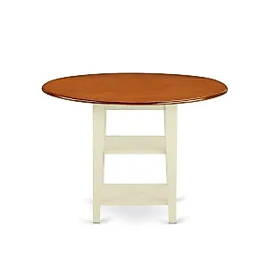 East West Furniture SUT-BMK-T Sudbury Dining Room Table - a Round kitchen Table Top with Dropleaf & 2 shelves, 42x42 Inch, Buttermilk & Cherry