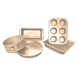 Two Moles Bakeware 5 Pcs Set. Includes Springform Cake Pan (6.25''), Muffin Pan, Square(Cookie Sheets), Rectangle Loaf Pan & 8'' Round Personal Pizza Pan