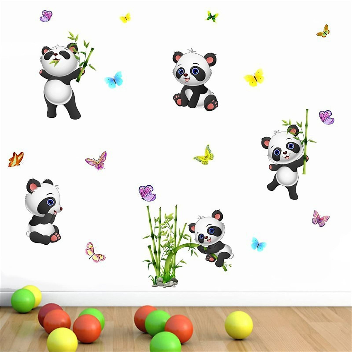 Panda Bamboo & Butterfly Wall Decals,Peel and Stick Removable Animal Wall Stickers for Kids Children Bedroom Nursery Home Decor(11x10in)