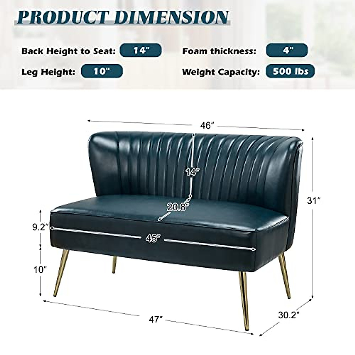 HULALA HOME Contemporary Loveseat Sofa with Metal Legs, Upholstered PU Faux Leather 2-Seat Small Couch, Armless Love Seats Chairs for Bedroom, Living Room, Office, Apartment, Small Space/Turquoise