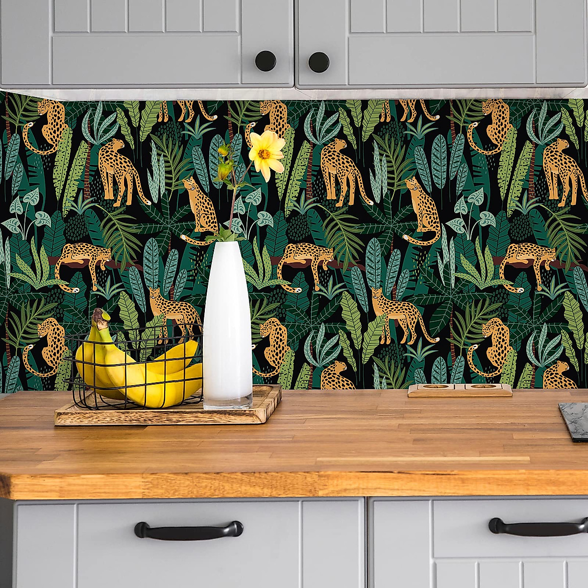 CHIHUT Leopard King Peel and Stick Wallpaper Self Adhesive Removable Jungle Animal Wallpaper Tropical Green Leaf Contact Paper Waterproof Wall Paper Decorative Vinyl Roll for Walls Cabinets 17.7”x100”