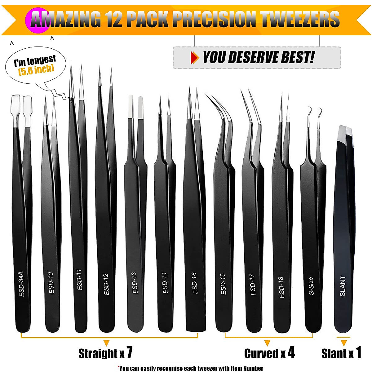 Antonki 12 Pack Precision Tweezers Set, Point and Slant Metal Tweezer Kits for Craft, Soldering, Jewelry, Ingrown Hair, Eyelash Extension, Eyebrow - with Case