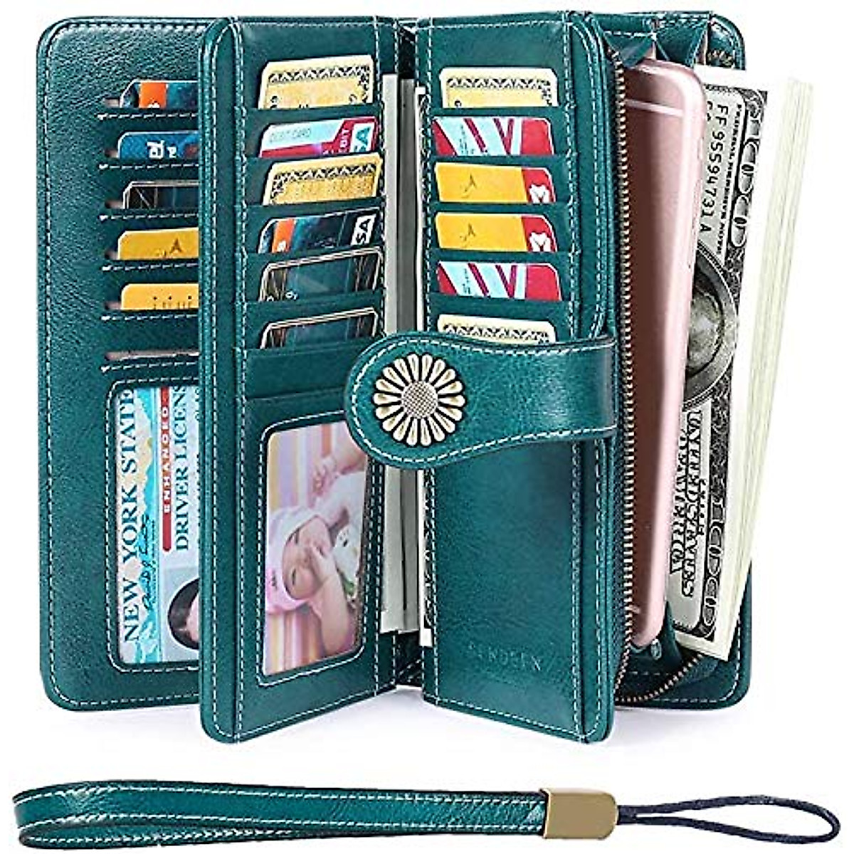 Behaniu Womens Multi Card slots Geniune Leather Wallet with Zipper Pocket Large Capacity RFID Blocking Credit Card Holder for Women (Peafowl Blue), Medium