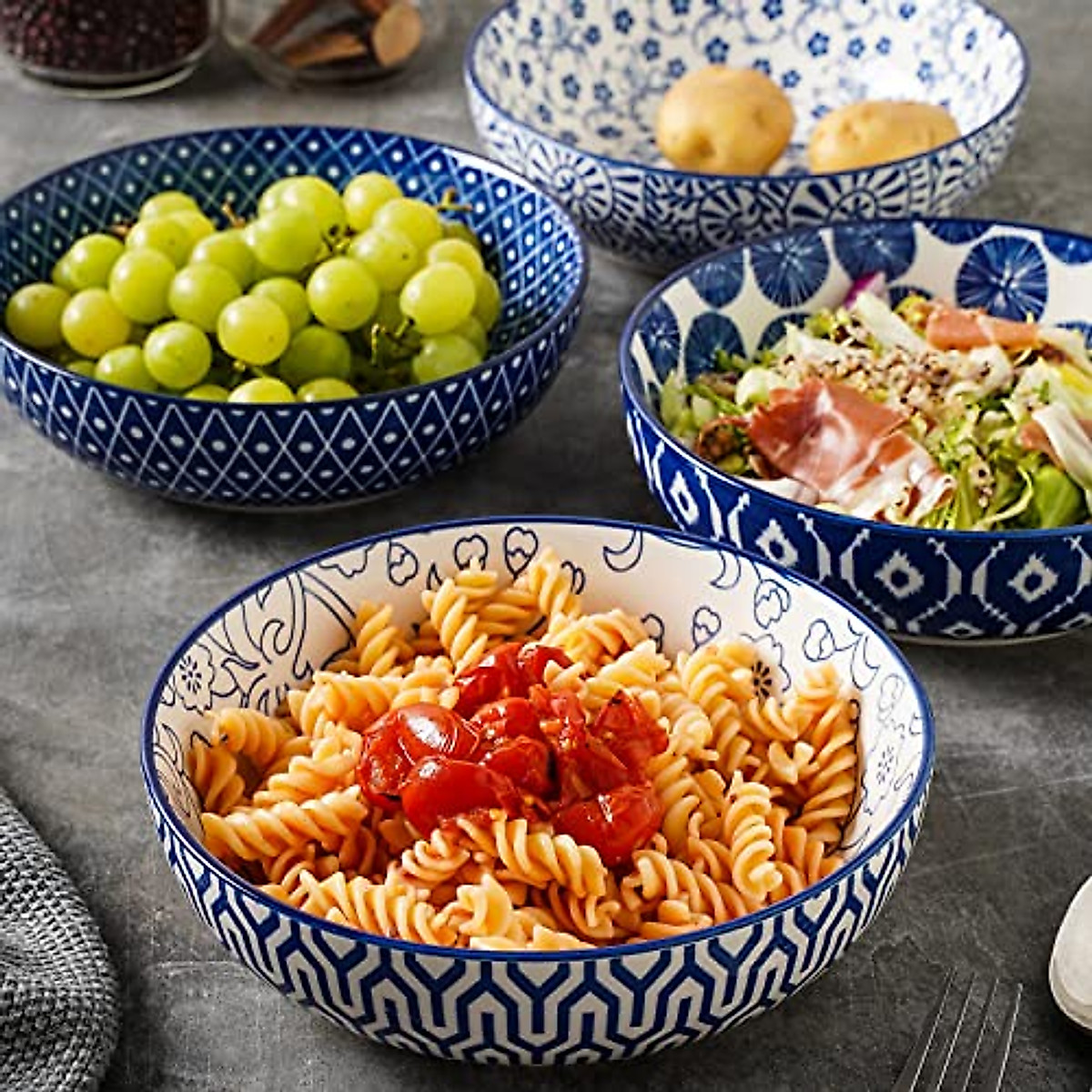 Selamica Ceramic 50 Ounce Pasta Bowls Set of 4, 8.6 Inch Large Salad Bowls, Wide and Shallow Porcelain Soup Bowls, Stackable Serving Bowls, Microwave Dishwasher Safe, Christmas Gift, Vintage Blue