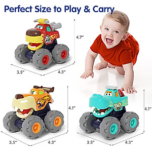 BABYFUNY 3 Pack Cars Toys for 1 Year Old Boy - Baby Monster Trucks Toy Cars for 2 Year Old Boys Dinosaur Toddler Trucks Toys, Pull Back Cars 1 2 3 Year Old Boy Gifts