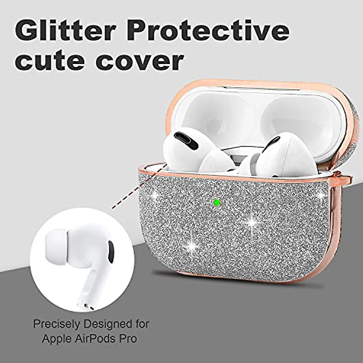 Glitter Airpods Pro Case with Keychain for Women Girls Bling Hard Shockproof and Scratchproof Protective Cover case for Airpods Pro Charging Case,(Front LED Visible)