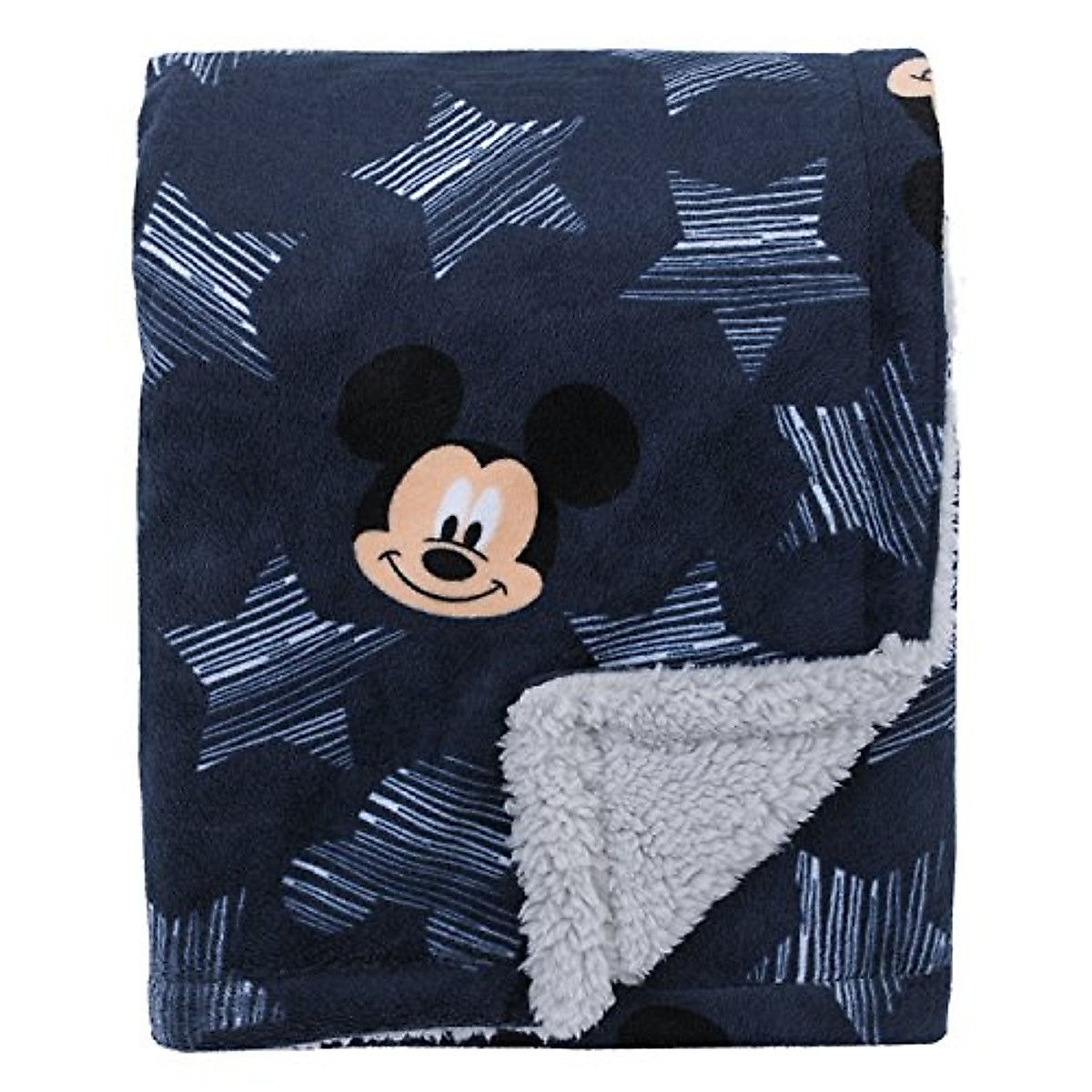 Disney Mickey Mouse Hello World Star/Icon Super Soft Double Sided Velour/Sherpa Baby Blanket, Navy, Grey, White