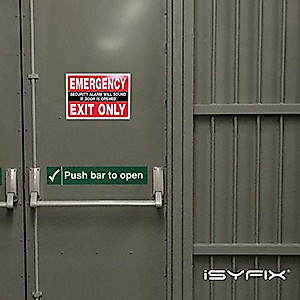 iSYFIX Emergency Exit Only Stickers – 2 Pack 10x7 Inch – Premium Self-Adhesive Vinyl, Laminated UV, Weather, Scratch, Water & Fade Resistance, Security Alarm Will Sound if Door is Opened Sign