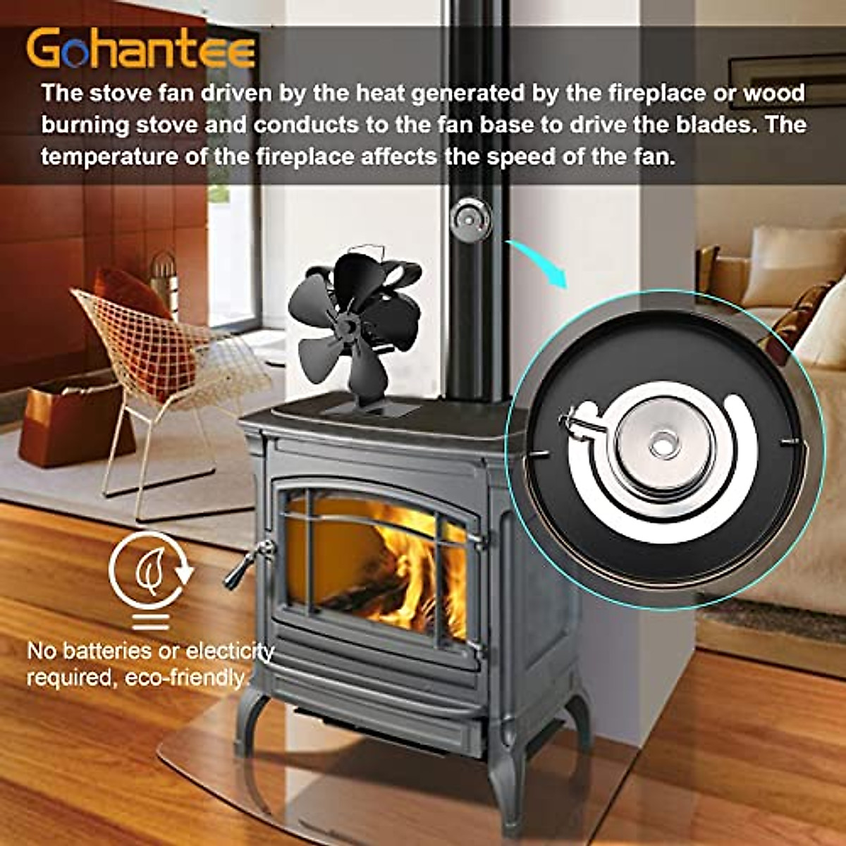 Gohantee 5 Blade Wood Stove Fan, Heat Powered, Ultra Silent, Eco-Friendly, Circulates Warm Air for Gas, Pellet, Wood Log Stoves with Thermometer