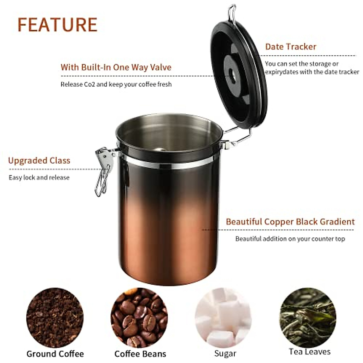 malmo Gradient Coffee Canister,Airtight Coffee Container with Date Tracker Lid, Stainless Steel Canister for Kitchen Food Storage 9oz, Copper Gradient