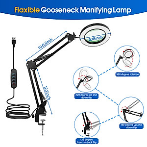 64 LED USB 10X Magnifying Desk Lamp with Clamp, Desk Hands-Free Lighted Magnifier with 3 Color Modes, 10 Level Dimmable and Flexible Gooseneck for Reading Craft Sewing Repair Close Work Beauty
