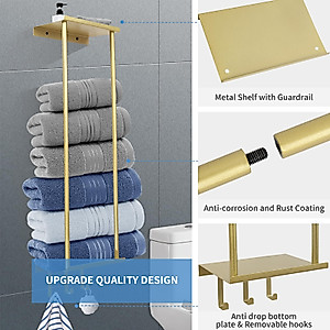 HOTNIU Towel Rack Wall Mounted Bathroom Towel Holder for Rolled Towels, Gold Metal Towel Storage Organizer with Shelf and 3 Removeable Hooks