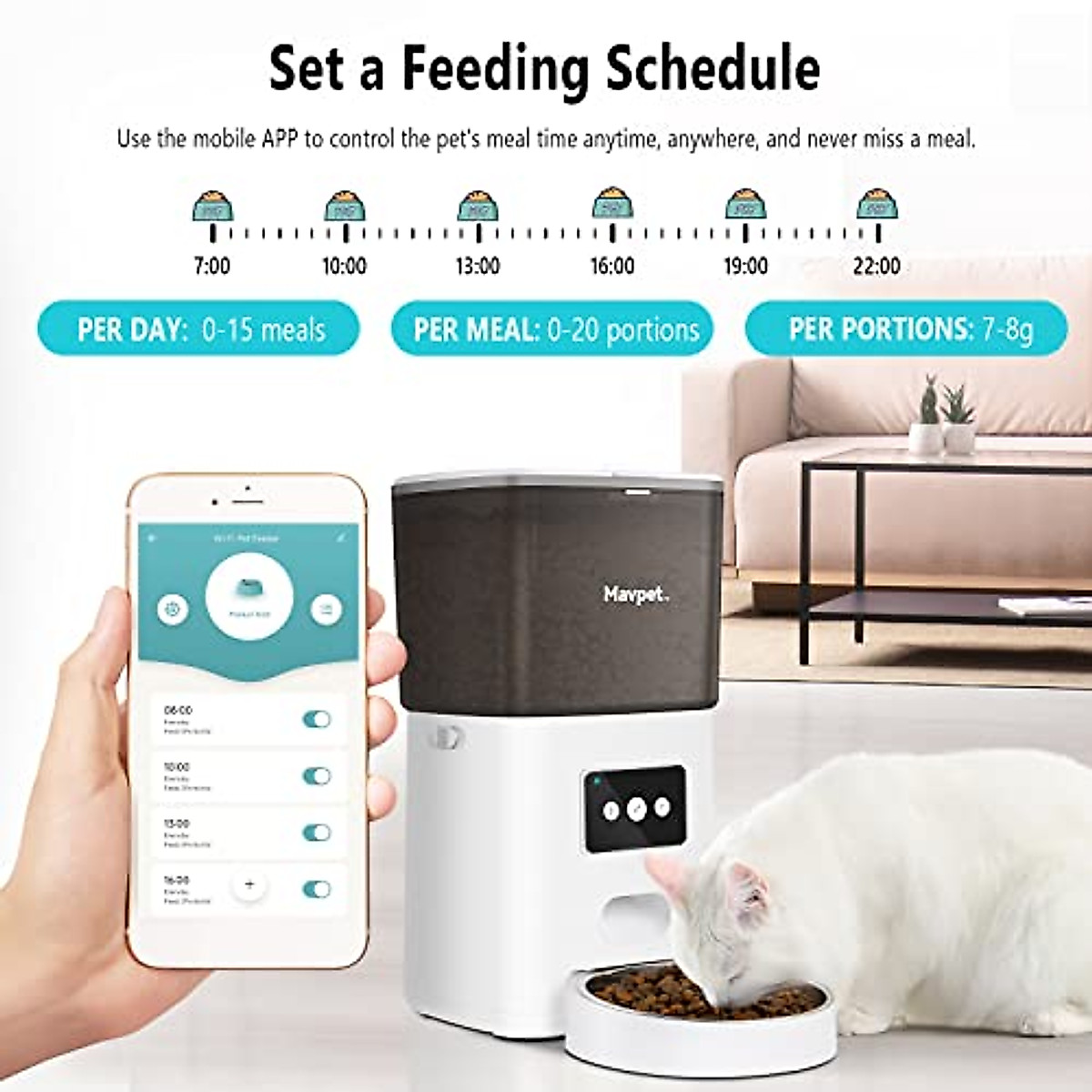 Mavpet 6L Automatic Cat Feeder, 2.4G WiFi Enabled Smart Dry Food Dispenser for Cat and Dog, Detachable Pet Feeder with Stainless Steel Bowl, APP Control, 10s Voice Recording, Up to 15 Meals Per Day