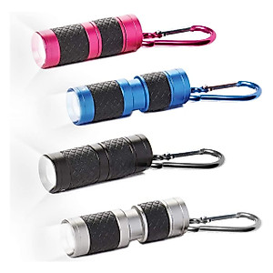 LUXPRO 40 Lumen Keychain Focus Mini LED Flashlight - Features Aircraft-Grade Aluminum and Rubber Grip - Gift for Kids with a Matching Carabiner Clip - Batteries Included - 4 Pack