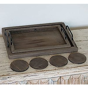 Juleduo Rustic Wooden Serving Trays with Handle-Set of 2-Decorative Nesting Food Board Platters 4 Coasters，for Breakfast Kitchen Ottoman Coffee Table