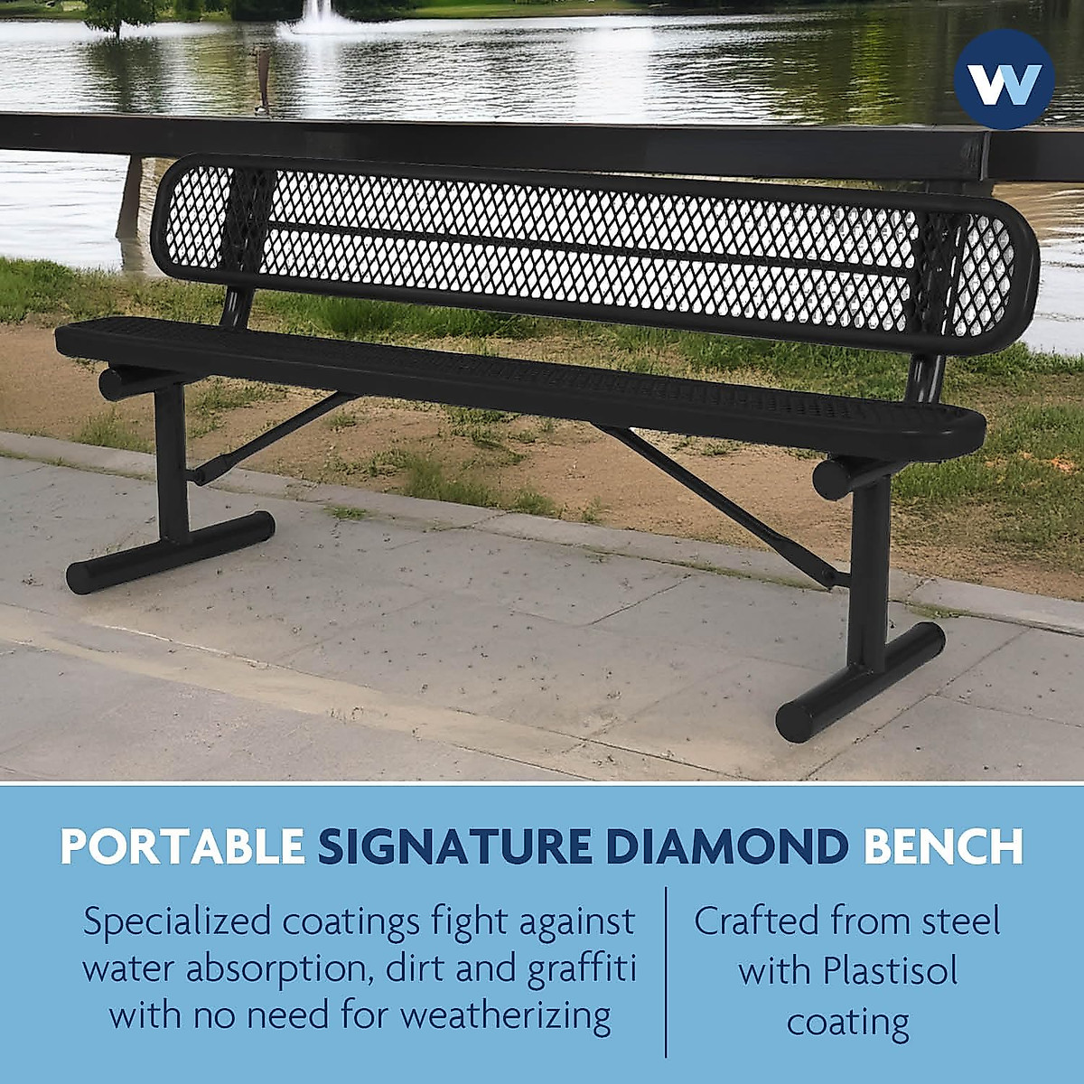 Wabash Valley 6-Foot Commercial Outdoor Bench with Backing | Diamond Pattern | Extremely Durable Plastisol Coated | Lifetime Outdoor Use | Withstands All Weather Conditions | Signature Collection