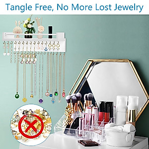 OURISE Necklace Holder Wall Hanging Jewelry Organizer with 30 Hooks & Cosmetics Shelf,Wall Jewelry Organizer for Necklaces Bracelet Earrings Ring