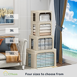 3Pack Foldable Storage Bins - Frame Storage Box Linen Fabric Stackable Clothes Container Organizer with Clear Window & Carry Handles Large Capacity (Large-66L, Beige)