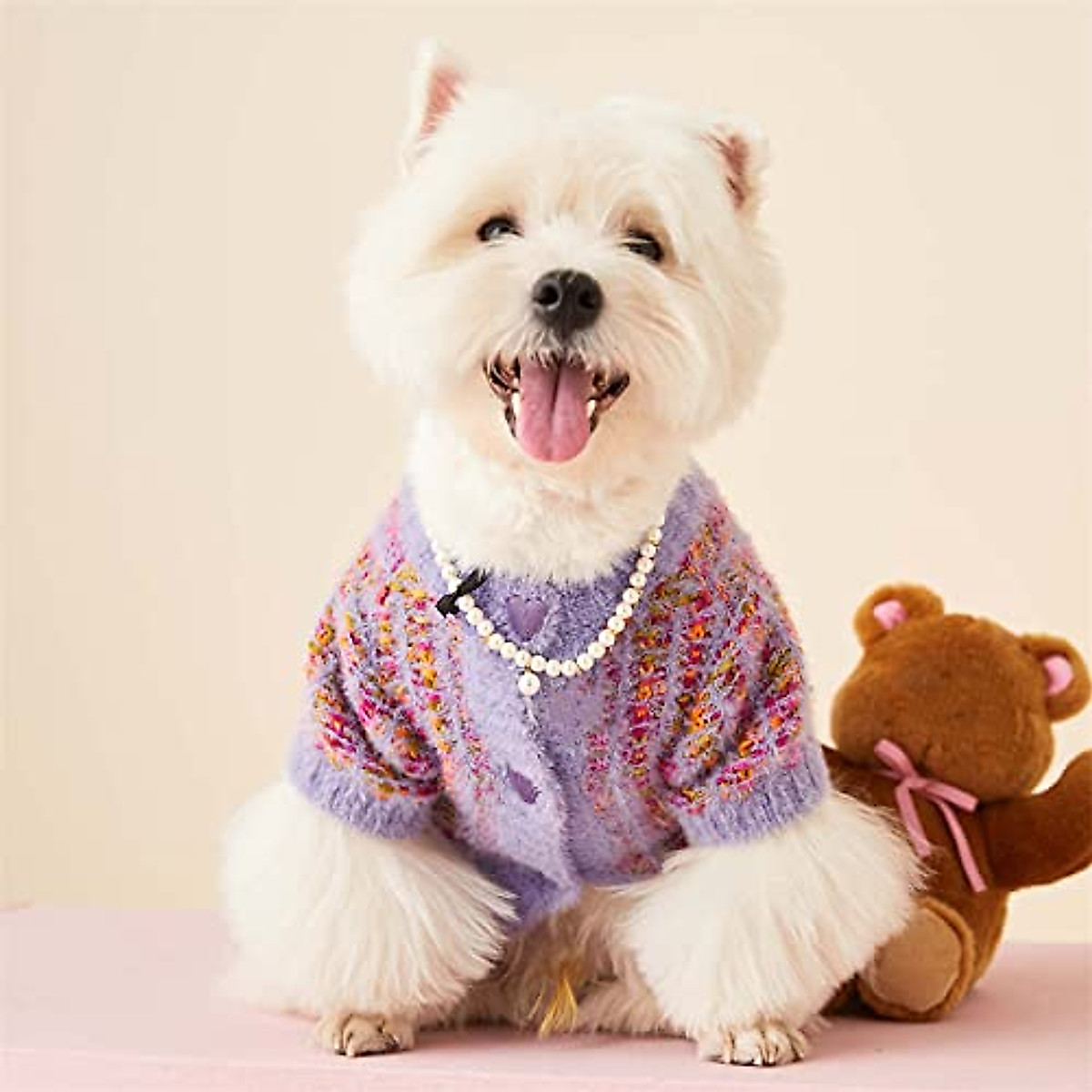 Pet Sweater Cardigan Cute Heart Shape Buckles Sweater for Small Dog Cat Soft Jacket Puppy Colorful Knitwear Clothes (S,Purple)