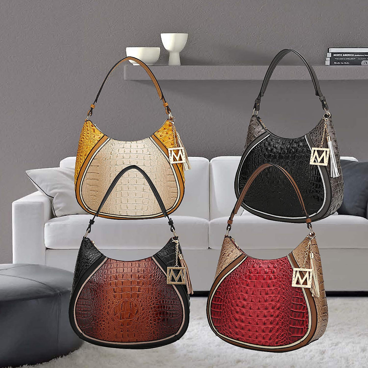 MKF Hobo Bag for Womens Fashion – PU Leather Shoulder Purse Tassel, M Charm – Top Handle Multi-pocket Handbag Black