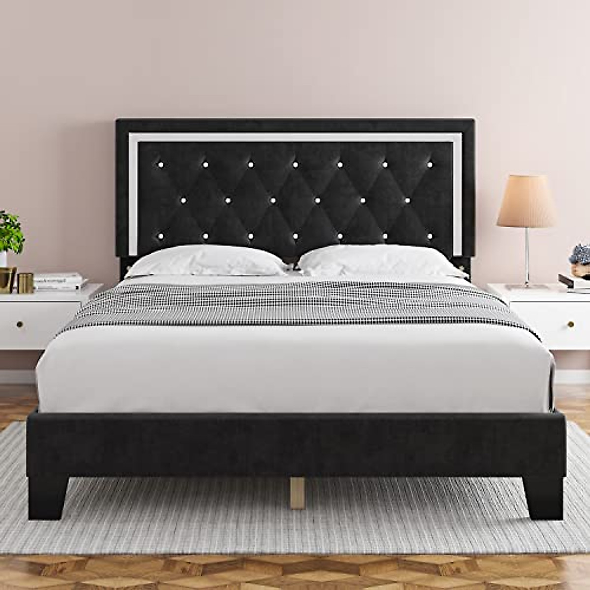 HITHOS Full Bed Frame, Upholstered Platform Bed Frame with Modern Adjustable Headboard, Diamond Tufted Mattress Foundation with Wooden Slat Support, No Box Spring Needed, Easy Assembly (Full, Black)