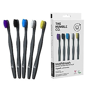 The Humble Co. Natural Toothbrush (5pk) - Sustainable, Vegan Eco Friendly Toothbrushes with BPA Free Bristles, Plant Based Black Toothbrush for Superior Oral Care (Soft Bristles)