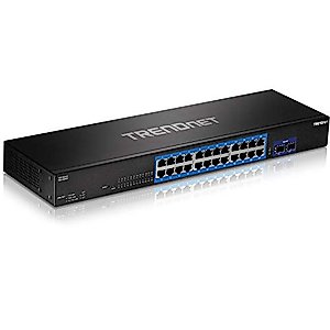 TRENDnet 24-Port Gigabit Switch with 2 X 10G SFP+ Slots, Fanless Design, 19” 1U Rack mountable, TEG-30262,Black