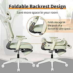 Foldable Ergonomic Office Chair, High Back Desk Chair with Footrest, Mesh Back Computer Chair with Fixed Headrest, 2D Armrest, Adjustable Lumbar Support, Soft Sponge Seat, Swivel Task Chair, Green