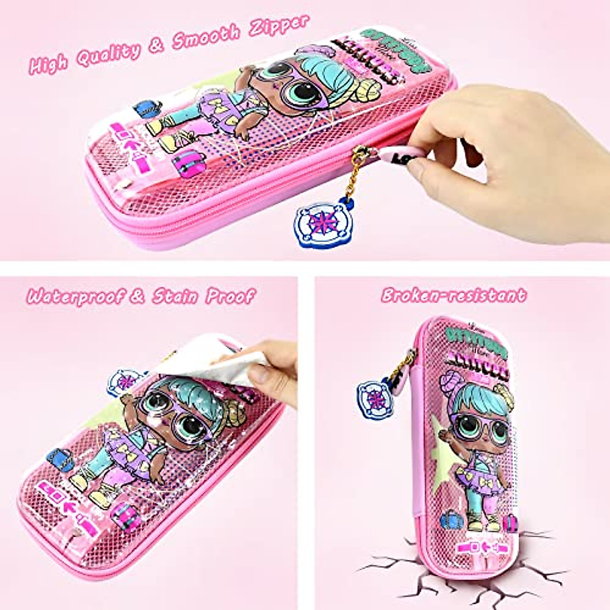 L.O.L. Surprise! Pencil Case for Kids, 3D Embossed Large Capacity Portable Pen Pouch with Compartment, Cute Zipper Storage Pencil Bag Stationery Box