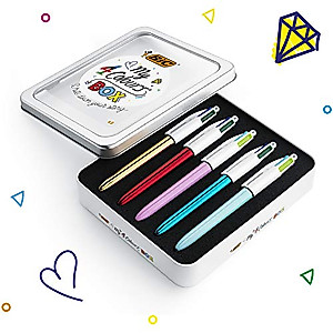 BIC 4 Colours Pens In A Special Metal Tin of 5 Pens, Includes mix of Shine and Bright Barrel Coloured Ink,Black, red, blue, green