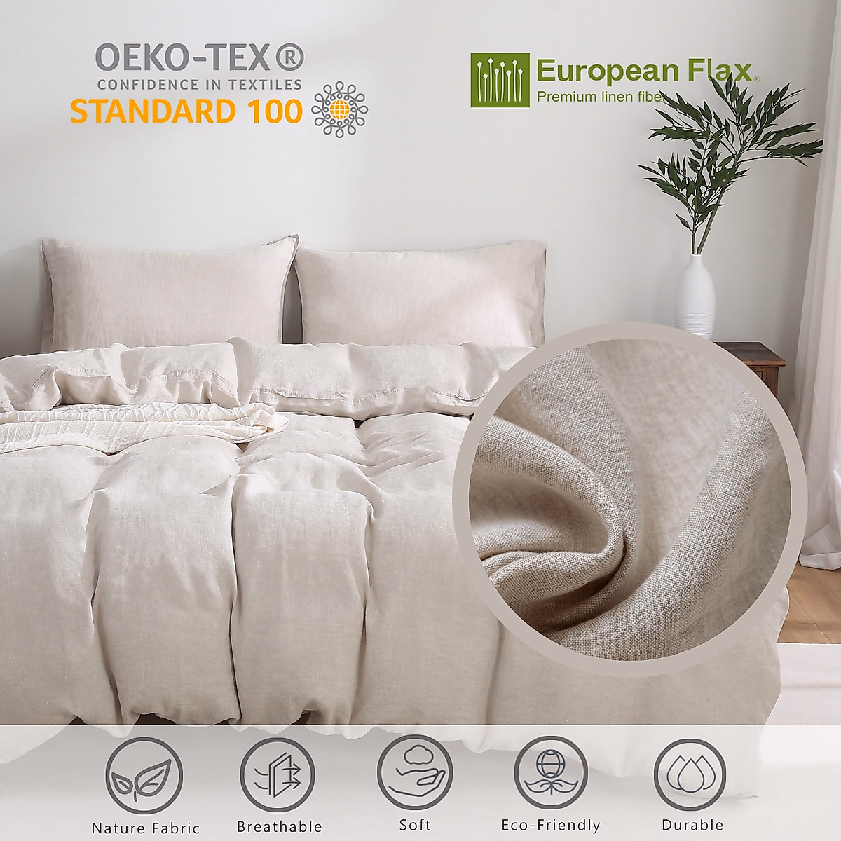 100% Pure Linen Duvet Cover Set - Soft, Breathable & Durable with Button Closure and Corner Ties, Natural Washed French Flax (3P-Natural Linen, 1Duvet Cover + 2Pillowcases - King/Cal King)