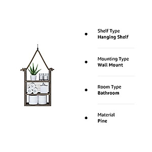 SFC Rustic Wood Bathroom Shelf Over Toilet, Bathroom Decor, Bathroom Shelves Wall Mounted, Rustic Bathroom Decor, Rustic Shelves, Farmhouse Bathroom Decor, Ladder Style Rope Hanging Shelf (Small)