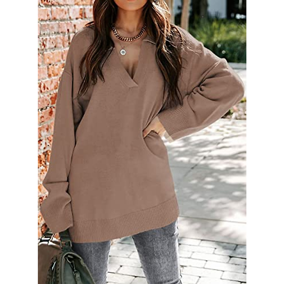 LILLUSORY Womens V Neck Collared Oversized Fall Sweater Clothes 2023 Sexy Cozy Long Sleeve Trendy Knit Knited Polo Pullover Tunic Sweaters Top Cute Outfits