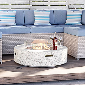 HOMPUS Propane Patio Fire Pit Table with Wind Guard, Lava Rocks and Rain Cover for Outdoor Leisure Party, 50,000 BTU 42-inch Round White Sandstone Concrete Fire Table